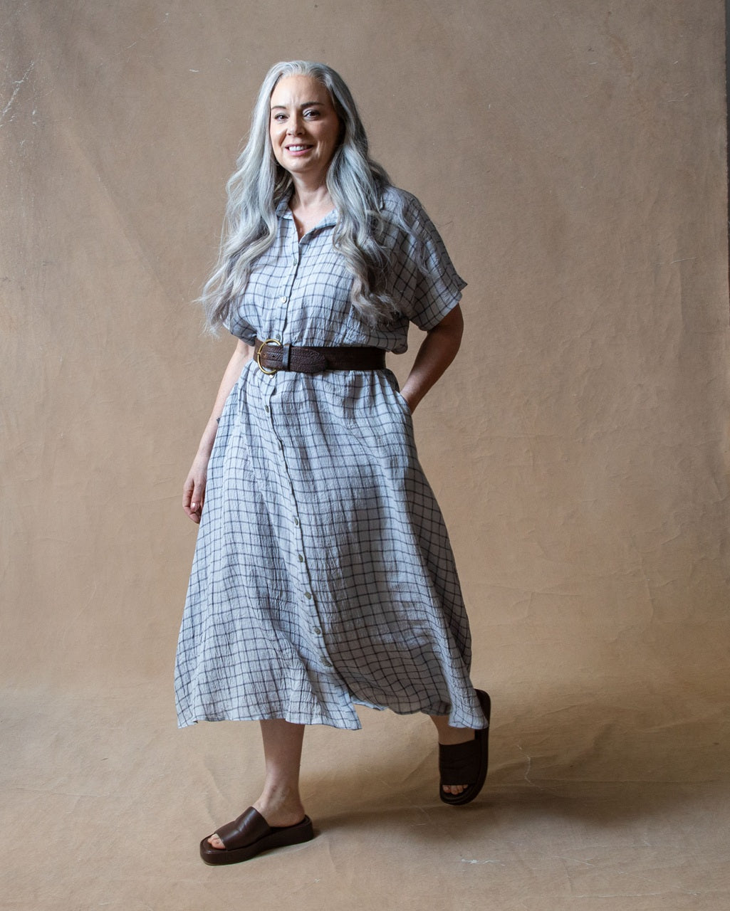 Rumi Shirtdress - Grey Grid Linen | Eva Cassis Sustainable Fashion